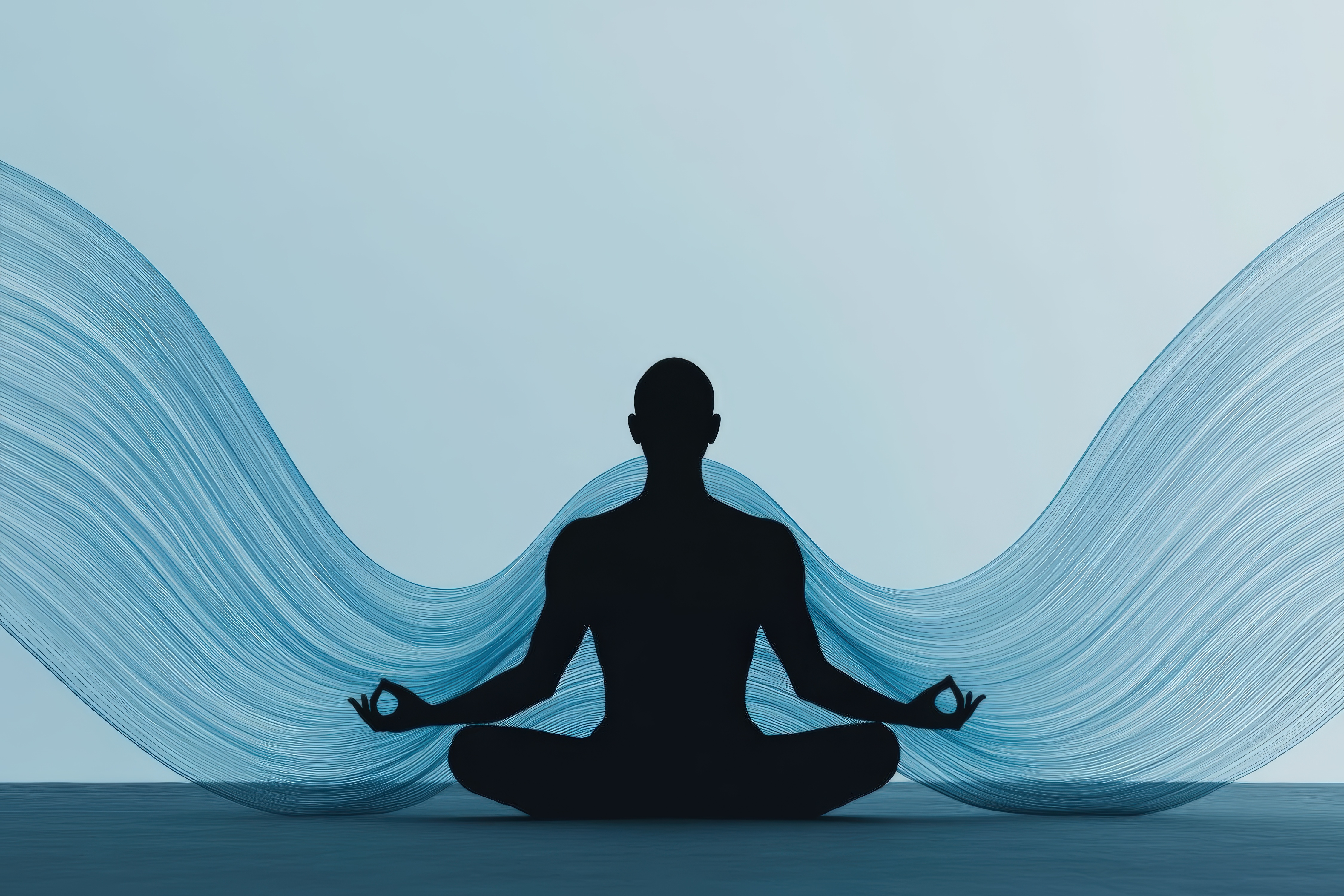 A silhouette of a meditating figure with flowing blue waves ...